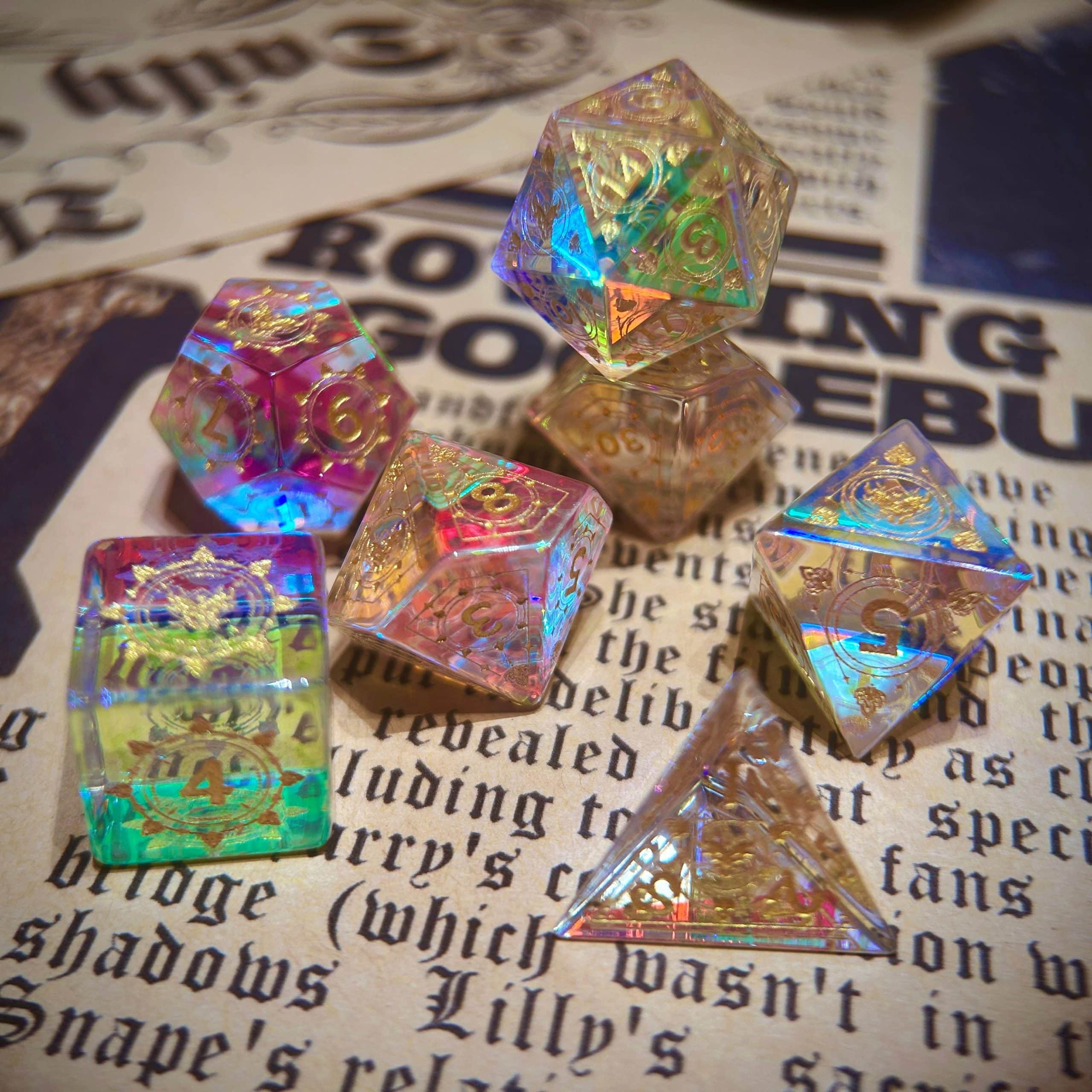 Prismatic Glass Crystal Stone Polyhedral Gemstone Dice Set - Golden ...